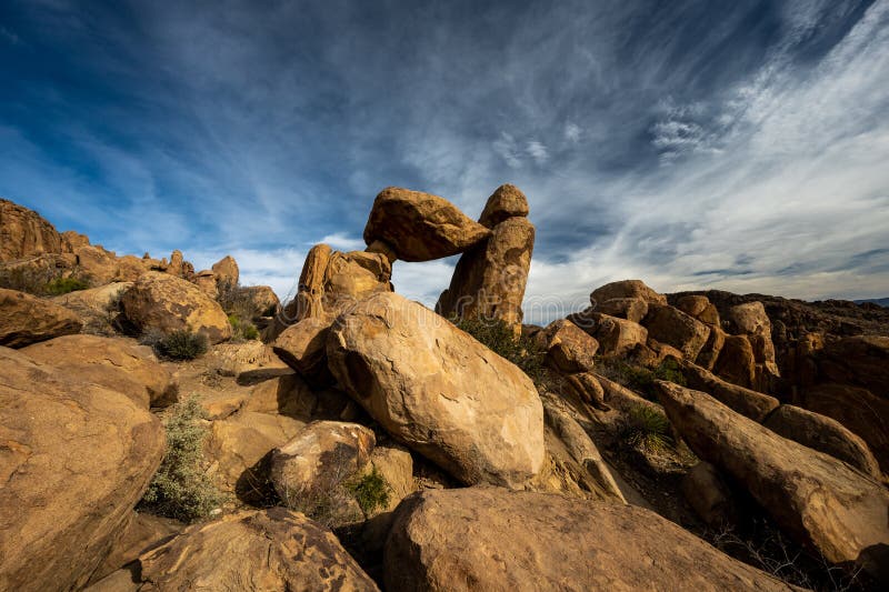 Wide Shot of Balanced Rock Under Wispy Clouds Stock Image - Image of ...