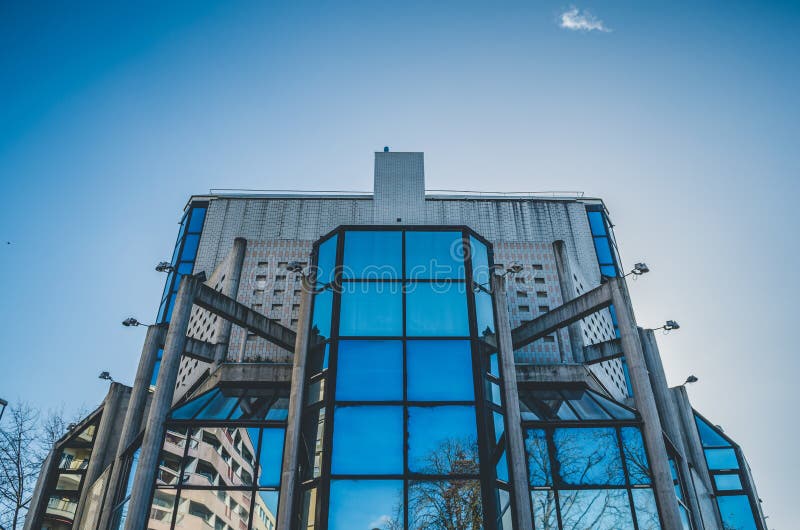 Wide Shot of a Blue and Gray Abstract Architectural Building Under a ...