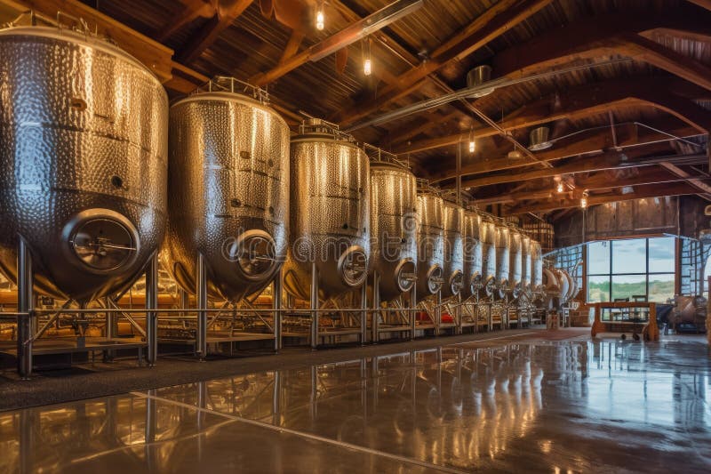 Wide Shot of Brewery Fermentation Tanks in a Row Stock Photo - Image of ...