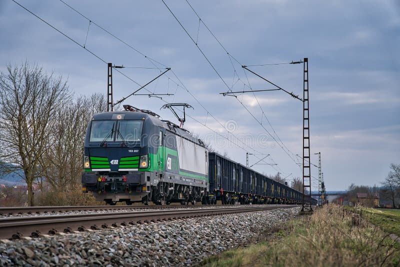 Wide Shot of a Class 193 Freight Train from Ell through Thuengersheim ...