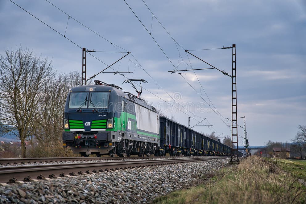 Wide Shot of a Class 193 Freight Train from Ell through Thuengersheim ...