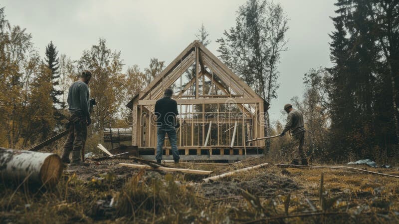 Wide Shot of Craftsmen Setting Up the Framework for a Timber House ...