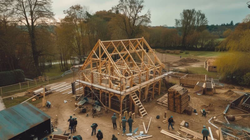 Wide Shot of Craftsmen Setting Up the Framework for a Timber House ...