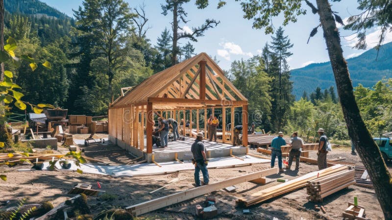 Wide Shot of Craftsmen Setting Up the Framework for a Timber House ...