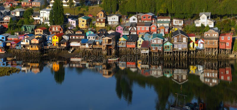Wide Shot of Different Color Buildings Over the Water Stock Photo ...