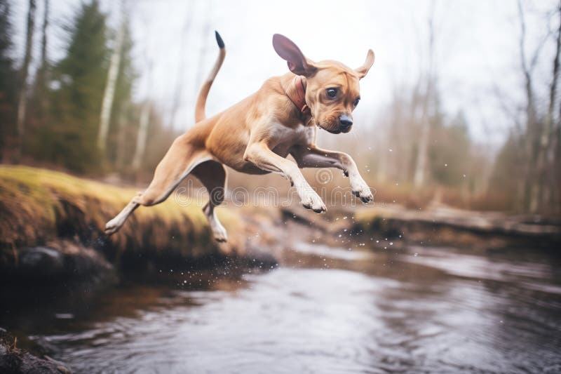 Wide Shot of a Dog Midleap Over a Brook Stock Image - Image of animal ...