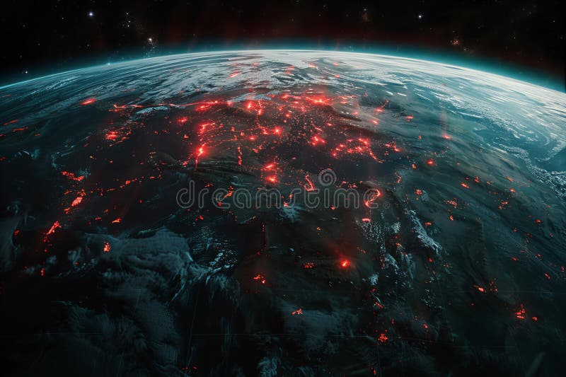 Wide Shot of the Earth from Space, with Red Burning Spots in Left Half ...