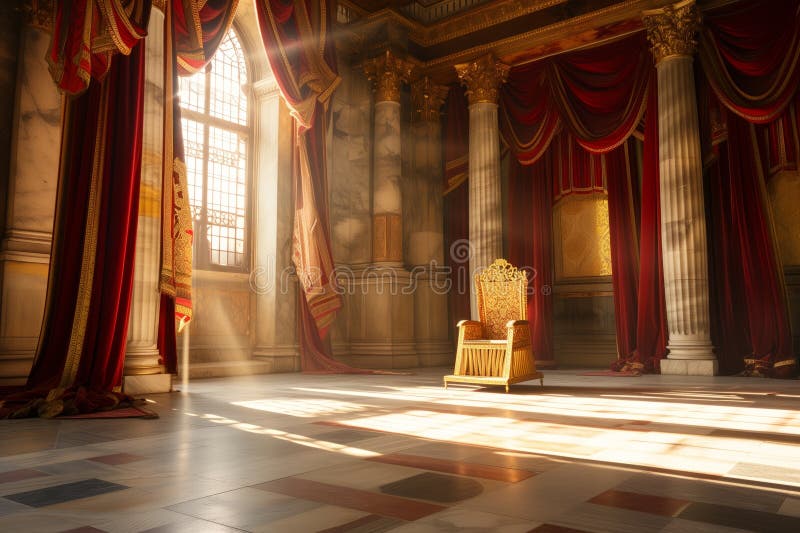 Wide Shot of an Empty Throne in a Sunlit Chamber with Red and Gold ...