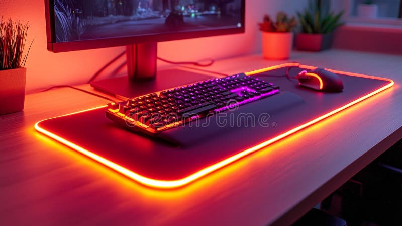 Wide Shot Features Modern Gaming Desk Setup Showcasing Customizable LED ...