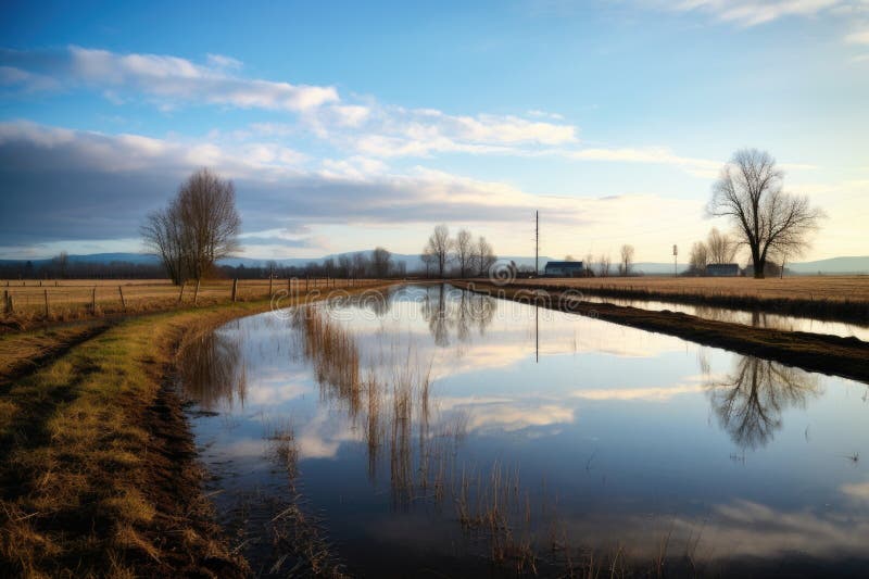 Wide Shot of a Flooded Field Reflecting the Sky Stock Illustration ...