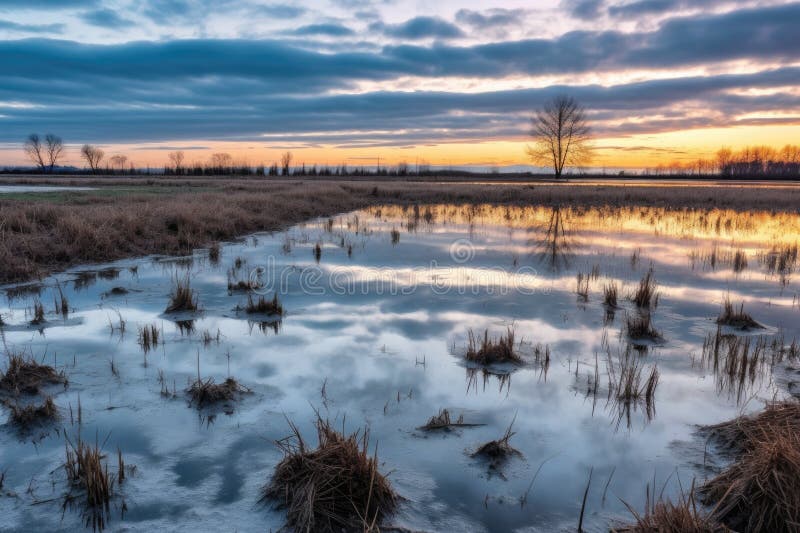 Wide Shot of a Flooded Field Reflecting the Sky Stock Illustration ...