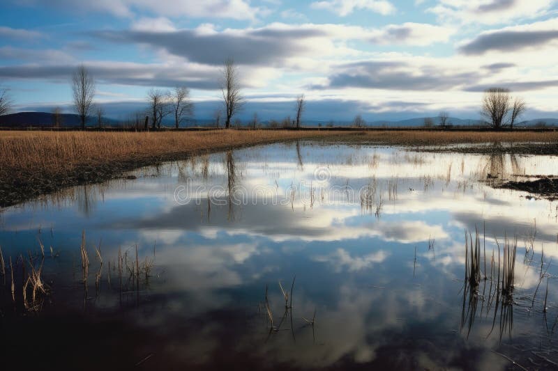 Wide Shot of a Flooded Field Reflecting the Sky Stock Illustration ...