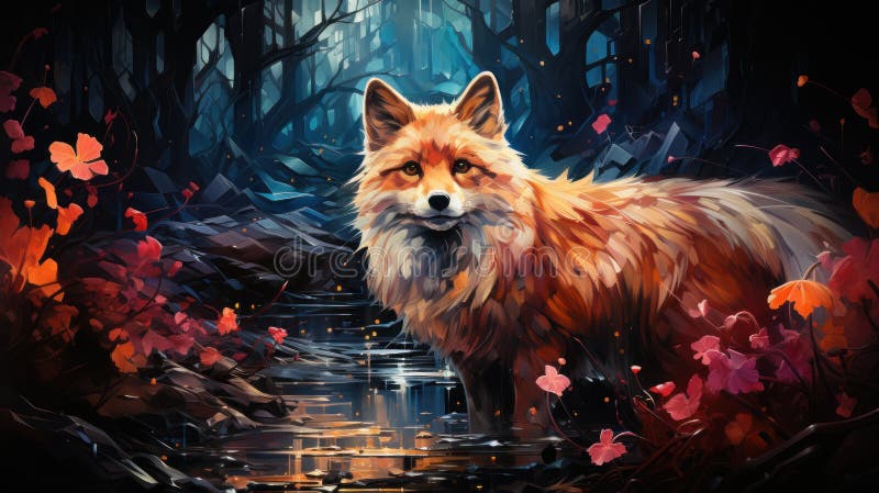 A Wide Shot of a Forest Clearing, with a Blue Fox Standing in the ...