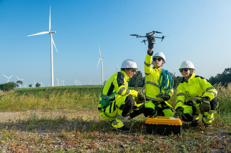 Wide Shot of Group of Wind Turbine or Windmill Workers or Technician ...