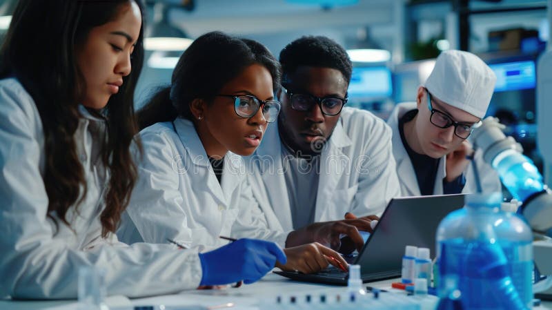 Wide Shot of Group of Young Multiethnic Lab Specialists Working As a ...