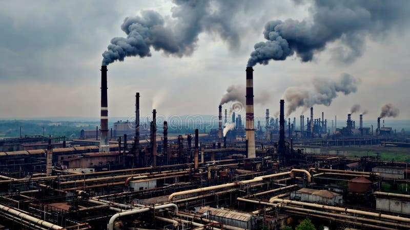 Wide Shot of Industrial Factory with Smoke Stacks Emitting Pollution ...
