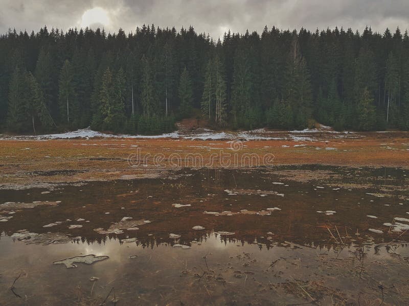 Wide Shot of a Lake and Forest from Afar with a Dark and Cloudy Sky ...