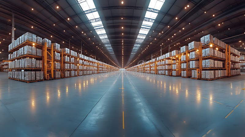 A Wide Shot of a Large, Empty Warehouse with Rows of Shelves Stacked ...
