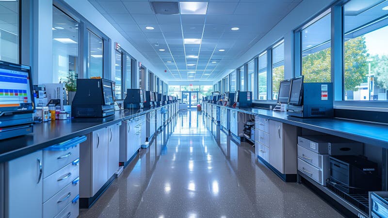 Wide Shot of a Modern Laboratory Corridor with Windows and Equipment ...