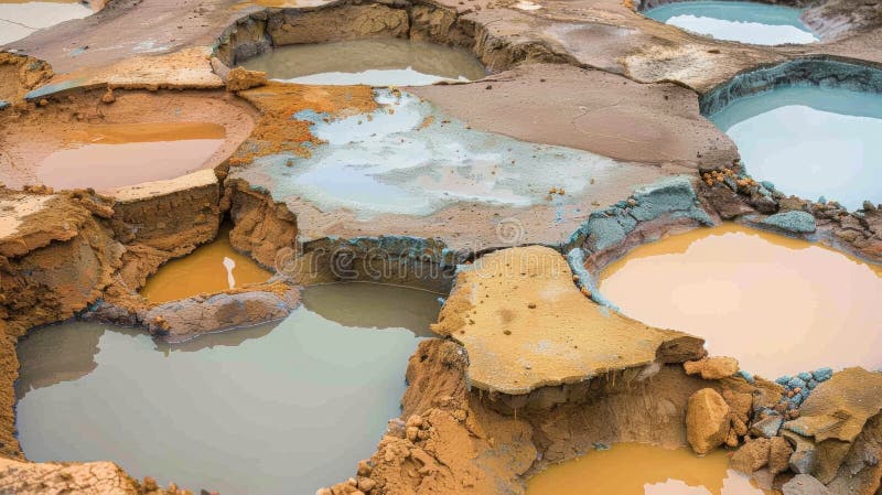 A Wide Shot of a Mud Pot Landscape with Multiple Pools of Various Sizes ...