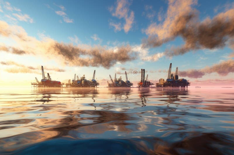Wide Shot of Multiple Oil Rigs in the Distance Stock Illustration ...