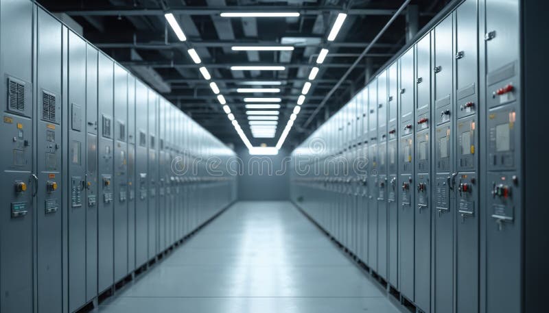 Wide Shot of Smart Grid Power Distribution Center Featuring Row of Advanced Industrial Control ...