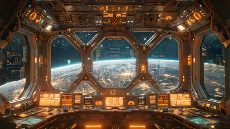 Futuristic Spaceship Control Center with Earth View at Night Stock ...