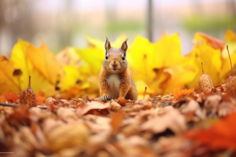 Wide Shot of Squirrel with Nut among Fall Foliage Stock Illustration ...