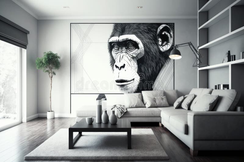 Wide Shot White Room on Wall with Geometric Style Monkey. Generative AI ...