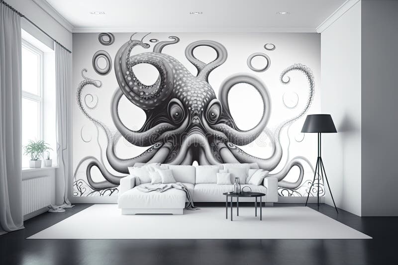 Wide Shot White Room on Wall with Octopus Pattern in Geometric Style ...