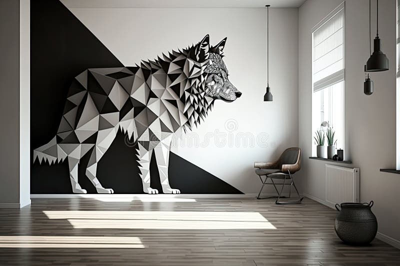 Wide Shot White Room on Wall with Wolf Pattern in Geometric Style ...
