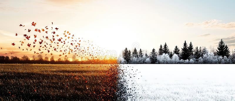 A Wide Silhouette Open Field with Autumn Leaves Blowing in the Wind on ...