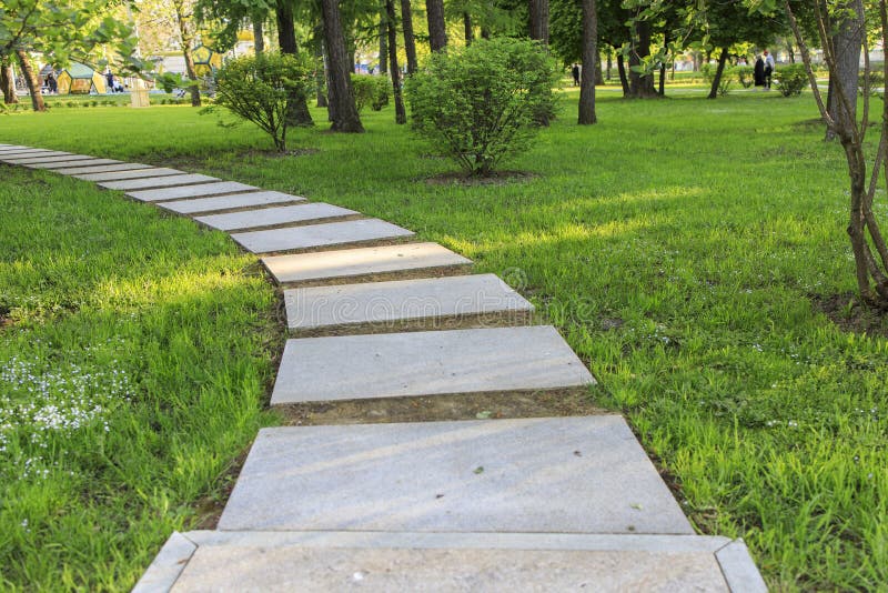 Wide Stone Path is in the Park between Trees Stock Image - Image of ...
