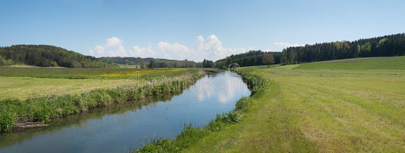 Wide Stream Valley with Mowed Grassland Stock Image - Image of valley ...