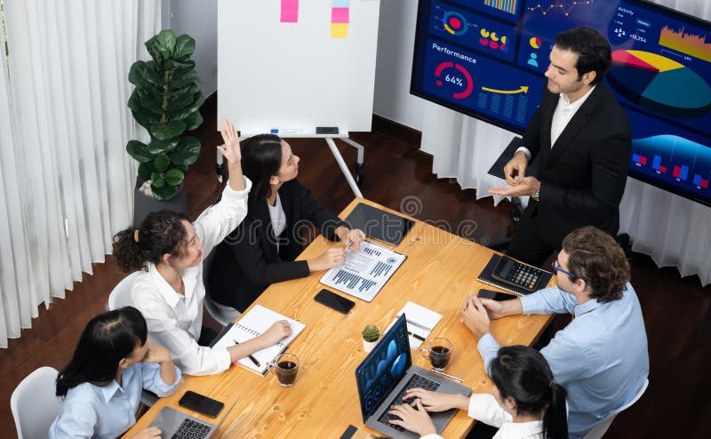 Wide Top View Diverse Analyst Team Analyzing Financial Data. Meticulous ...