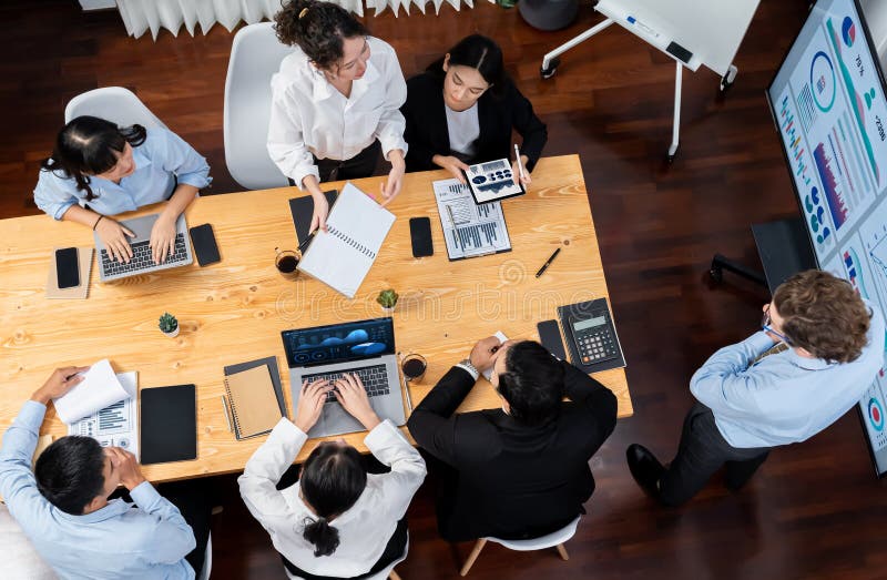 Wide Top View Diverse Analyst Team Analyzing Financial Data. Meticulous ...
