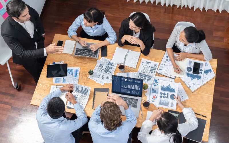 Wide Top View Diverse Analyst Team Analyzing Financial Data. Meticulous ...