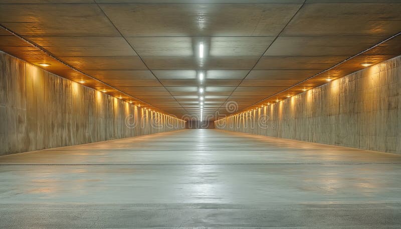 Wide Underground Tunnel with Bright Ceiling Lights, Concrete Stock ...