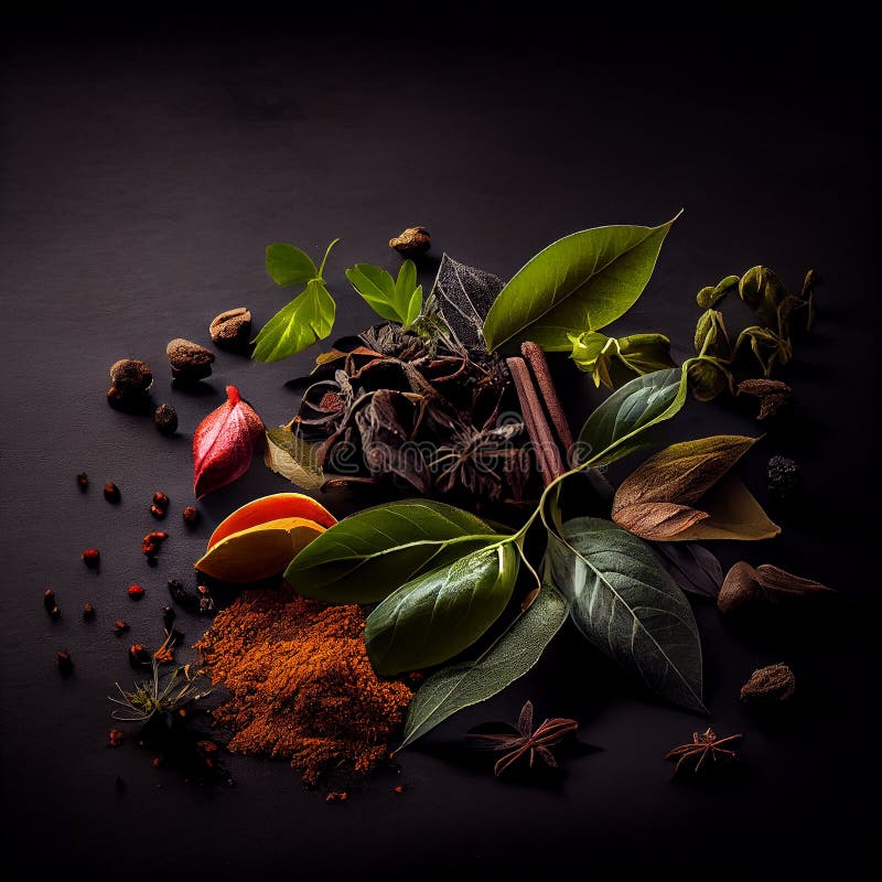 Wide Variety Spices and Herbs on Background of Black Table, with Empty ...