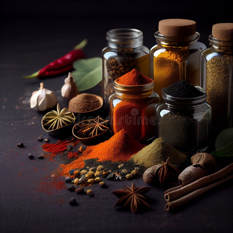 Set of Variety of Spices and Herbs on Dark Wooden Board. Horizontal Stone Background. Generative ...