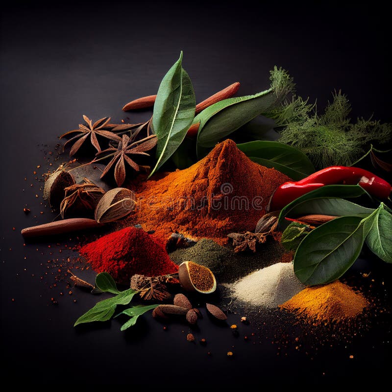 Wide Variety Spices and Herbs on Background of Black Table, with Empty ...