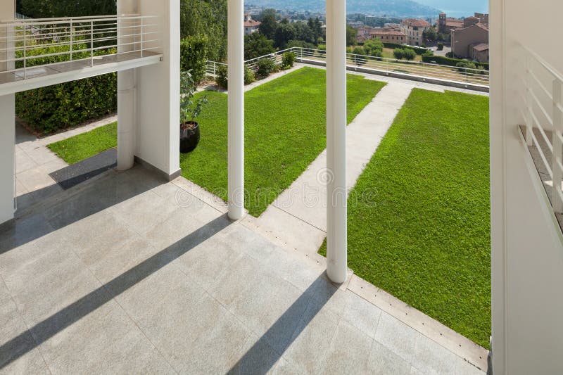 Wide Veranda of a Modern House Stock Image - Image of pillar, white ...
