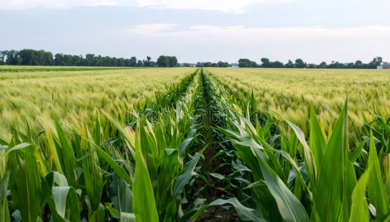Wide View of an Agricultural Field with Rows of Corn and Wheat Growing ...