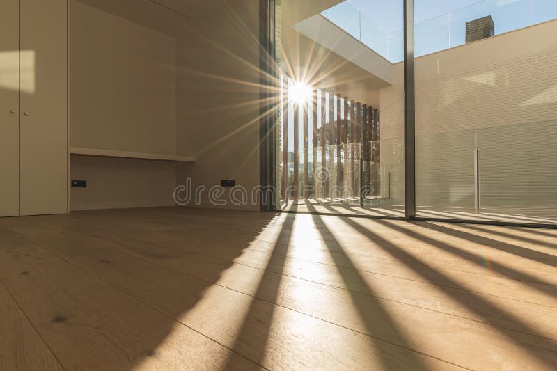Wide View from Below of a New Room with Parquet Floor Illuminated by ...