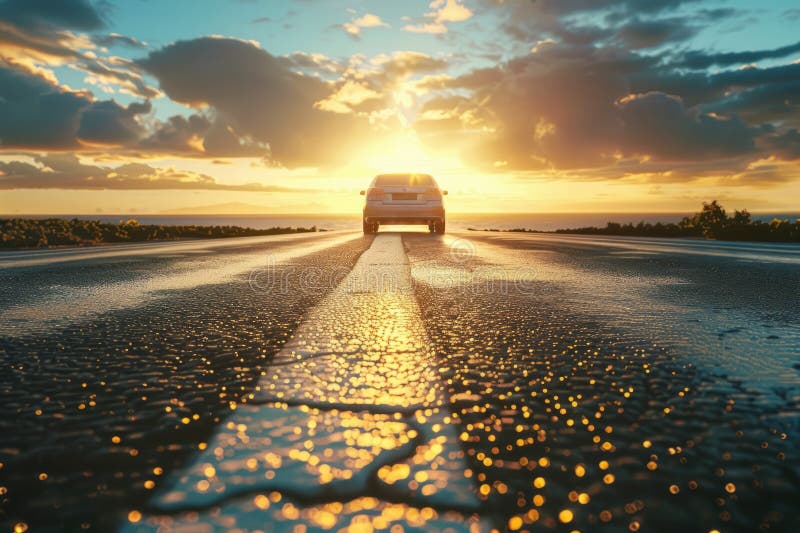 Wide View of a Car on the Road on the Sunset Stock Image - Image of ...