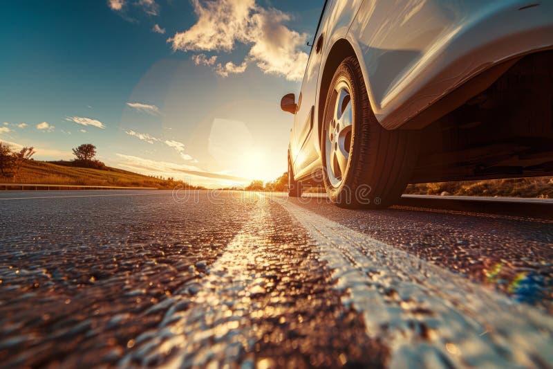 Wide View of a Car on the Road on the Sunset Stock Photo - Image of ...