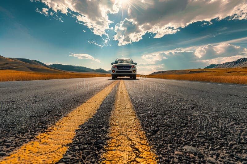 Wide View of a Car on the Road on the Sunset Stock Photo - Image of ...