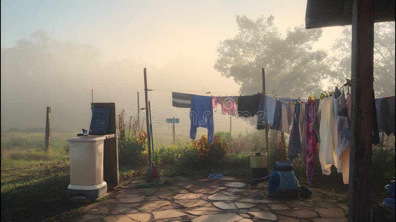 Wide View of daily Chores in a Rural Off-grid Setting Stock Illustration - Illustration of fence ...