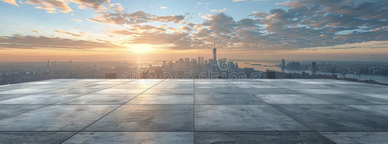 Wide View of City Skyline from Rooftop Terrace with White Clouds Stock ...