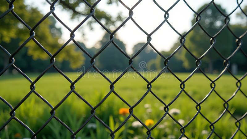 Wide View Close-up Macro Image of a Wire Mesh Fence Alongside a Green ...